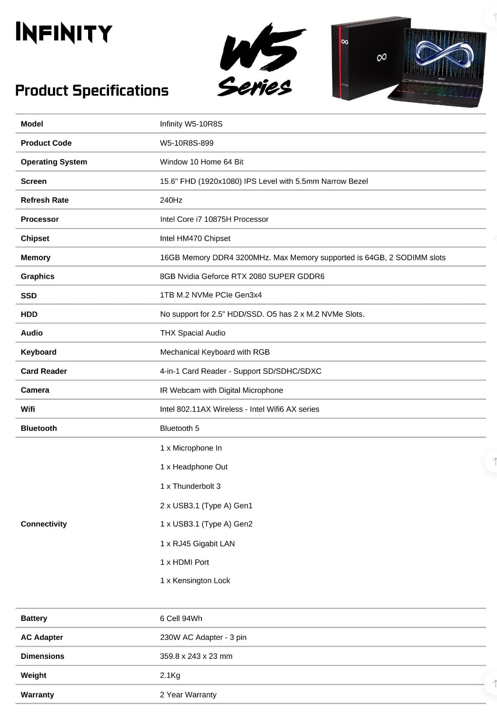 Infinity W5 15.6" Full HD Laptop, i7-10875H, RTX 2080 Super, 16GB RAM, 1TB SSD, Windows 10 Home