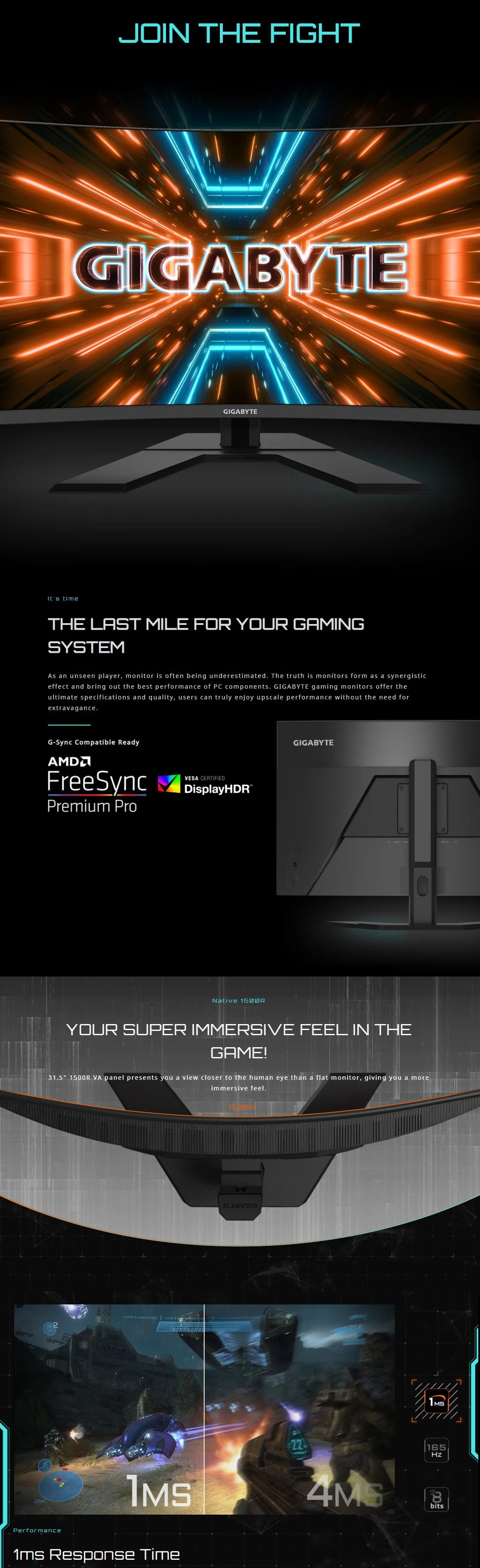 Gigabyte G32QC 31.5" QHD 1ms 165Hz HDR Curved Adaptive-Sync (FreeSync ...