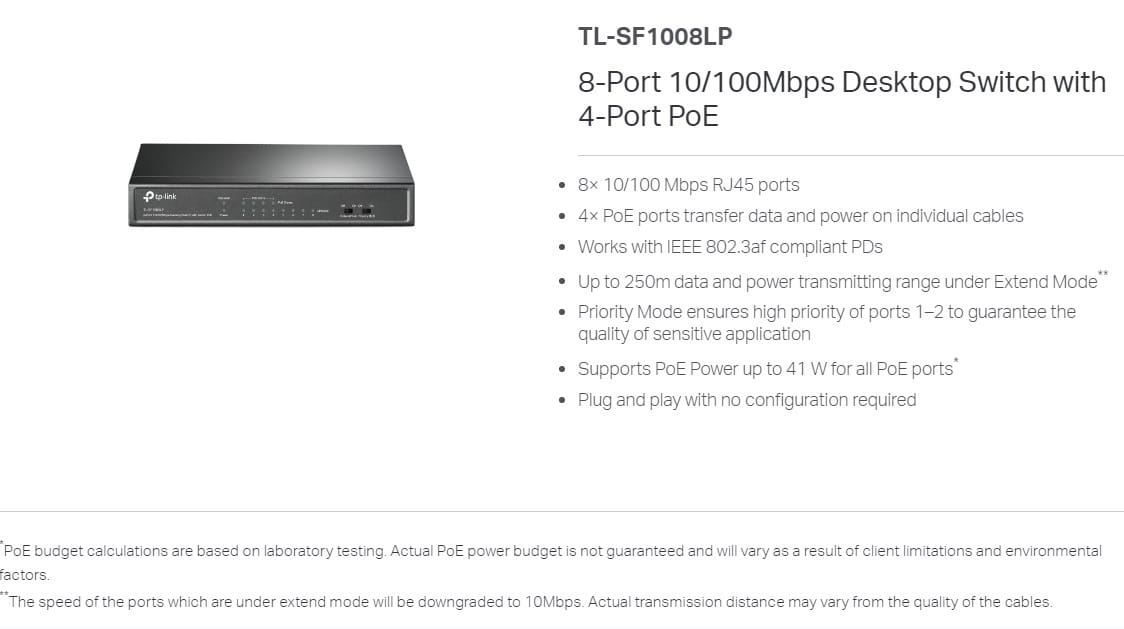 TP-Link TL-SF1008LP 8-Port 10/100Mbps Desktop Switch With 4-Port PoE
