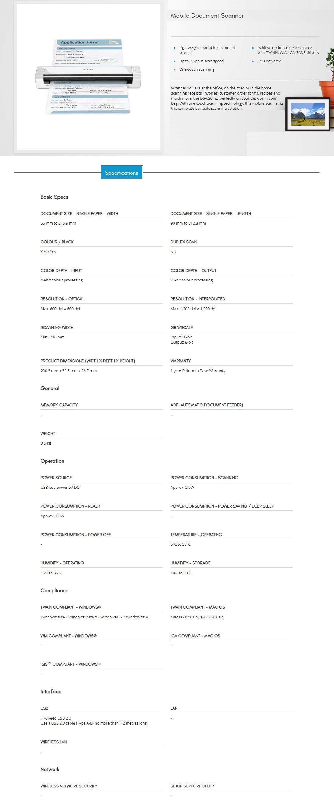 Brother DS-620 Lightweight Portable Mobile Document Scanner