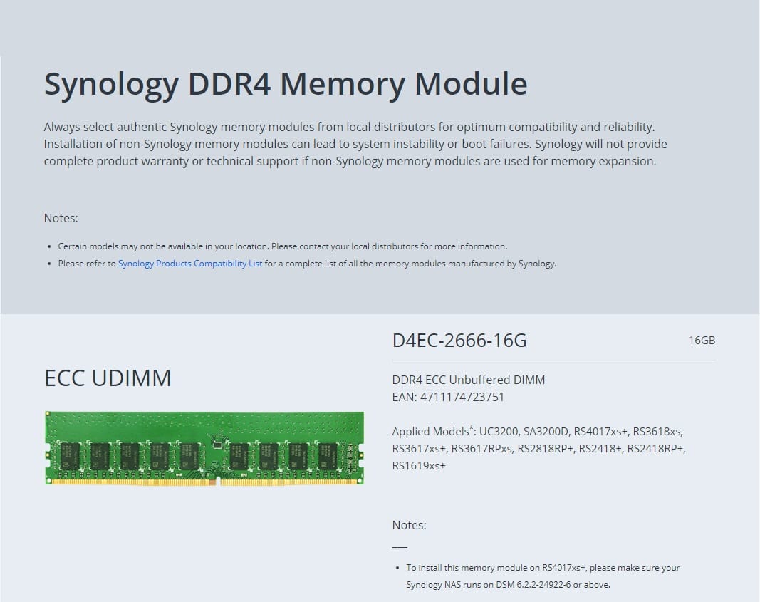 Synology 16GB DDR4-2666 ECC Memory Module