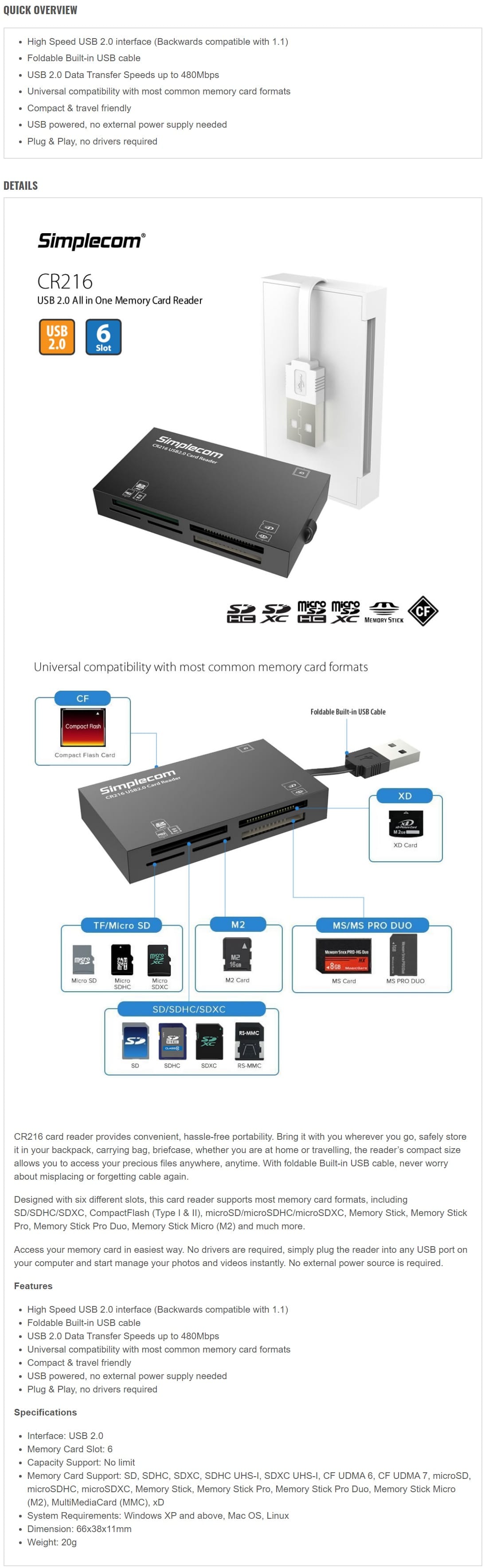 Simplecom CR216 6-in-1 USB 2.0 6-Slot All-In-One Memory Card Reader For MS M2 CF XD Micro SD HC ...