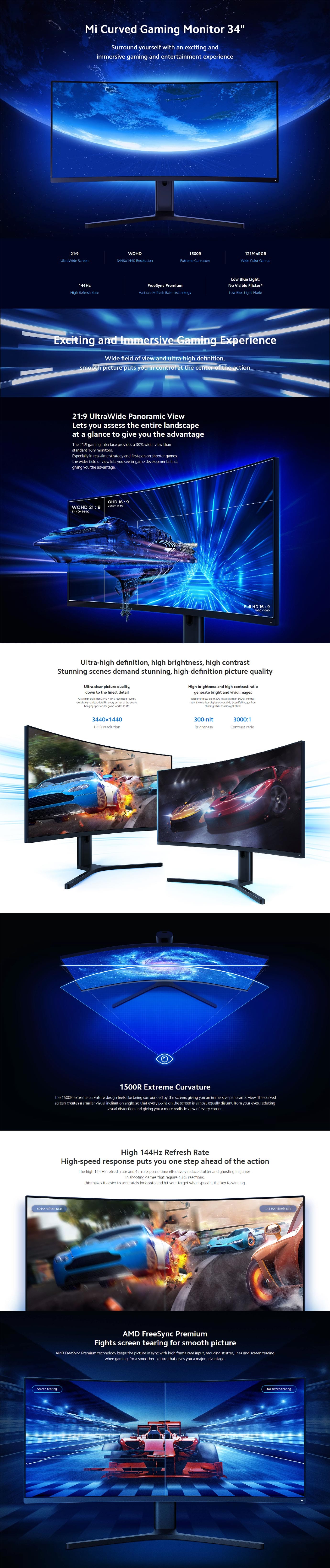 (Ex-Demo) Xiaomi 34" UWQHD 144Hz FreeSync Curved Gaming Monitor