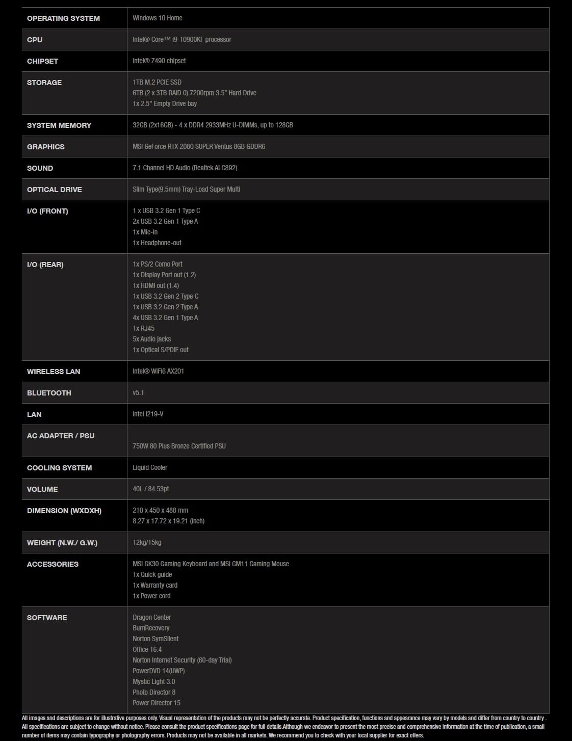 MSI MEG Infinite X, i9-10900KF, RTX 2080 Super, 32GB, 1TB SSD+6TB HDD ...