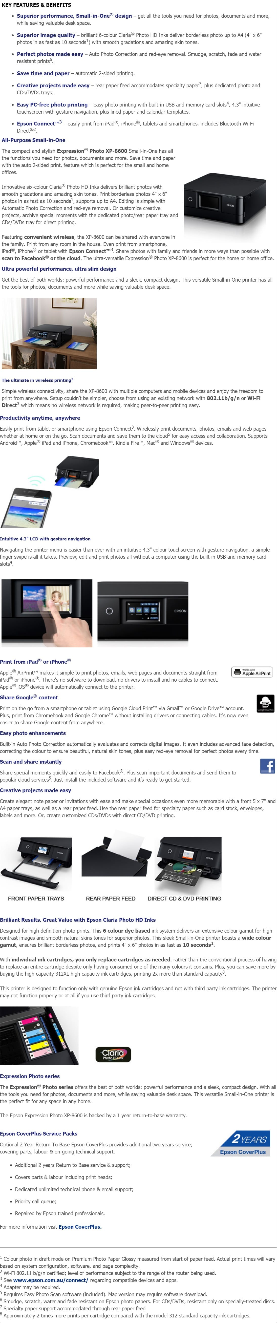 Epson Expression Photo XP-8600 Wireless Multi-Function 6 Colour Inkjet ...