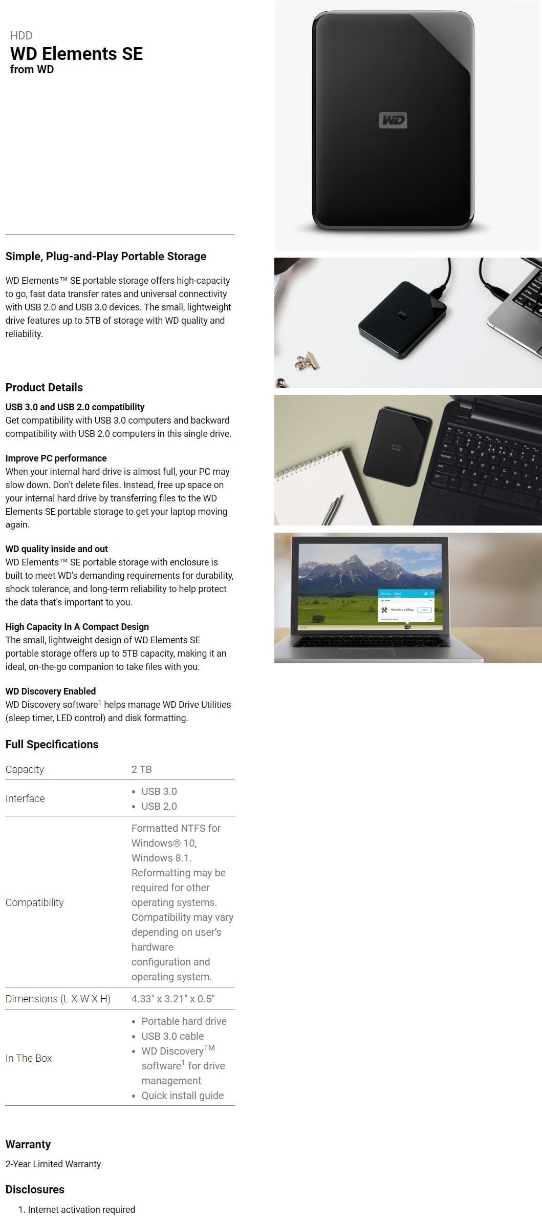 Western Digital Elements SE 2TB 2.5" Portable External Hard Drive ...
