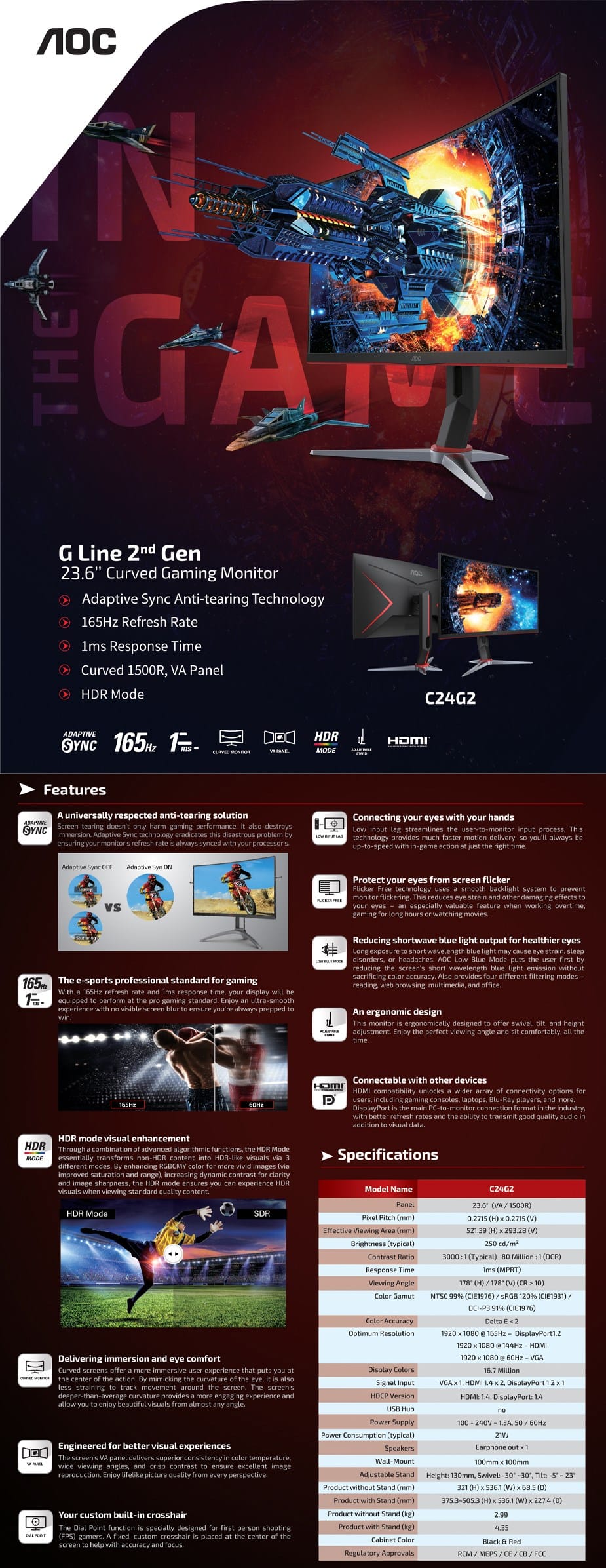 AOC C24G2 23.6" Full HD VA 165Hz 1ms Curved FreeSync Gaming Monitor