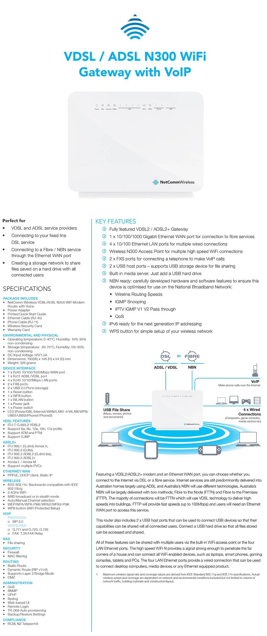 Netcomm NF10WV N300 VDSL2/ADSL2+ VoIP Modem Router