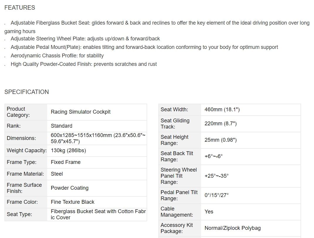 Brateck Premium Racing Simulator Cockpit Seat
