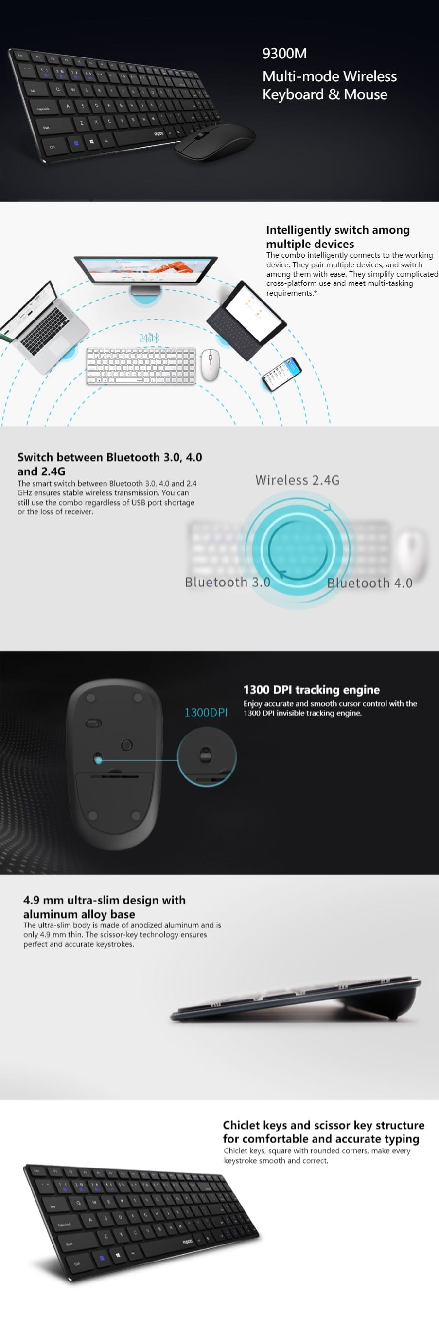 Rapoo Multi-mode Ultra Slim Bluetooth Wireless Keyboard And Mouse Combo ...