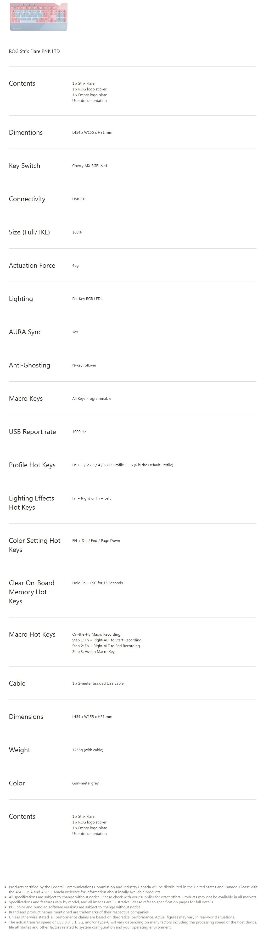 Asus ROG Strix Flare Pink Mechanical RGB Wired Gaming Keyboard - Cherry ...