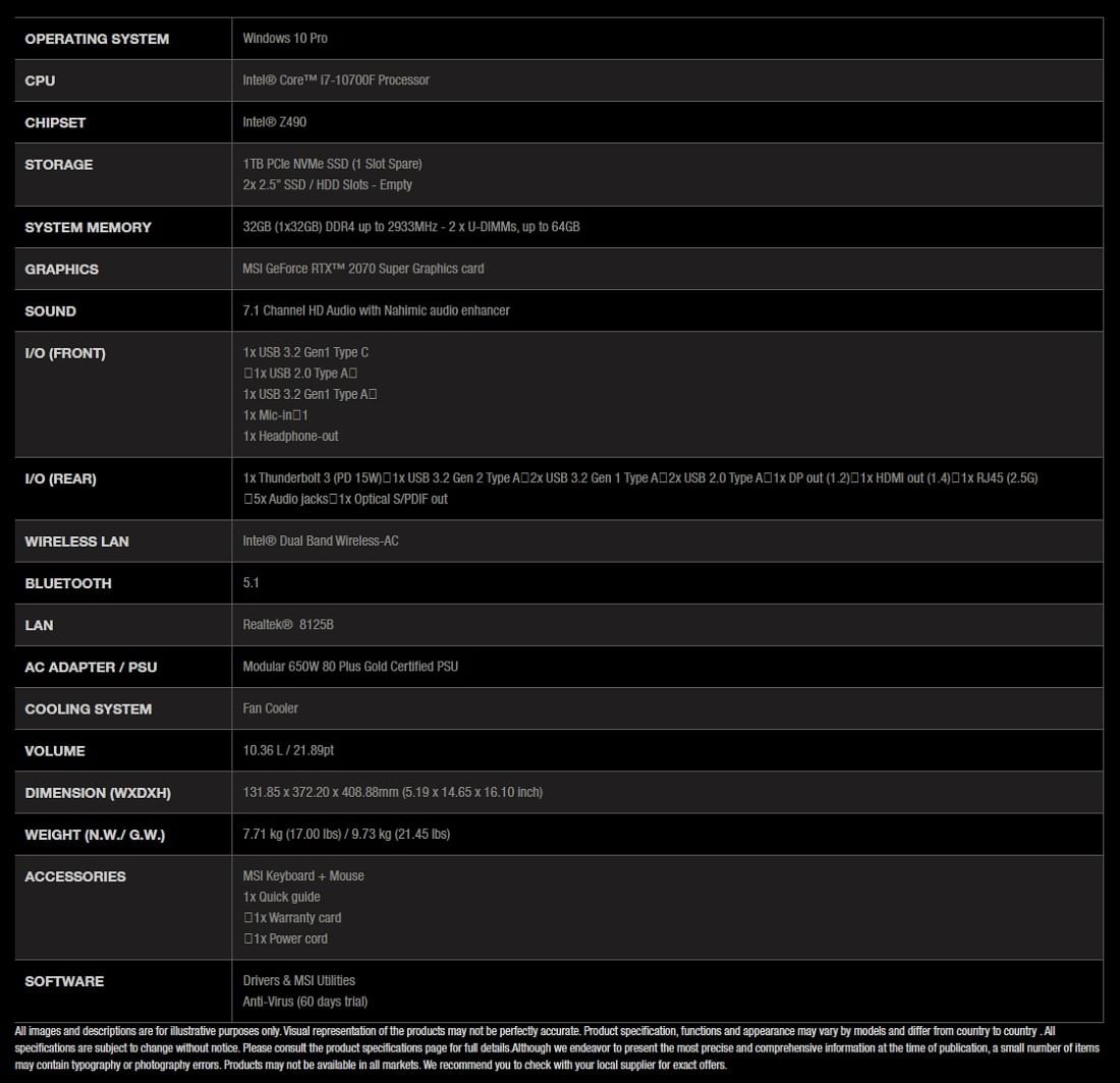 MSI Creator P100A Workstation i7-10700F, RTX 2070 Super, 32GB, 1TB SSD ...