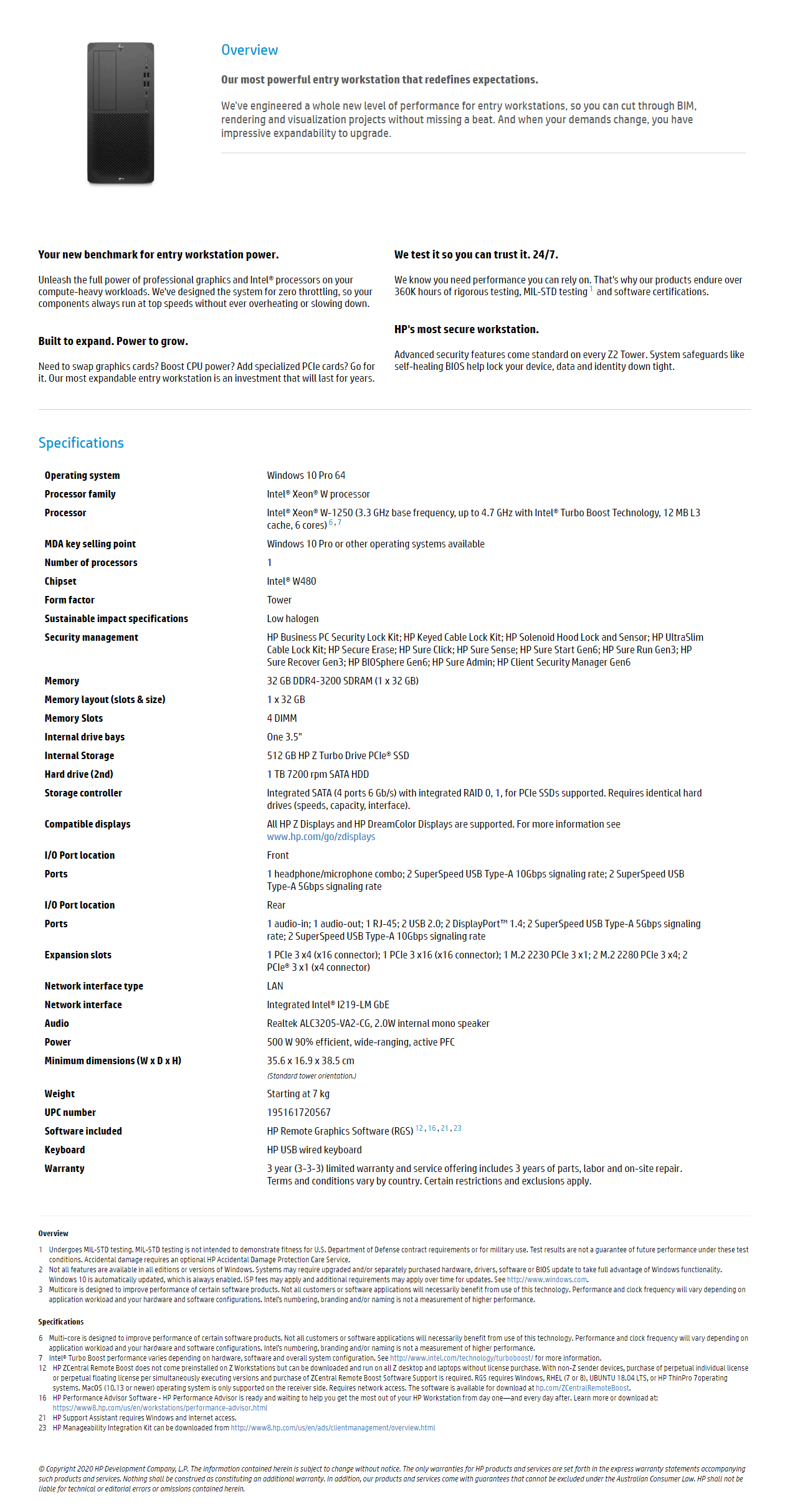 HP Z2 Tower G5 Workstation, Xeon W-1250, 32GB RAM, 512GB SSD+1TB HDD ...