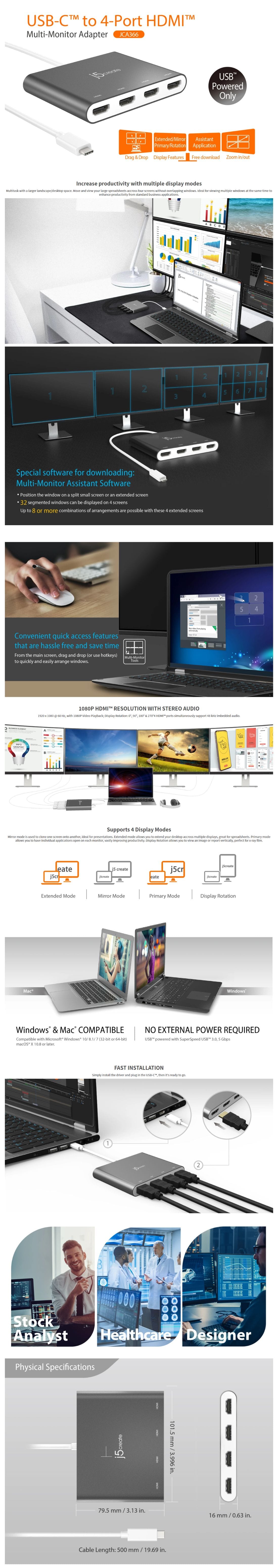 J5 Create 4-Port Multimonitor USB-C to HDMI Adapter