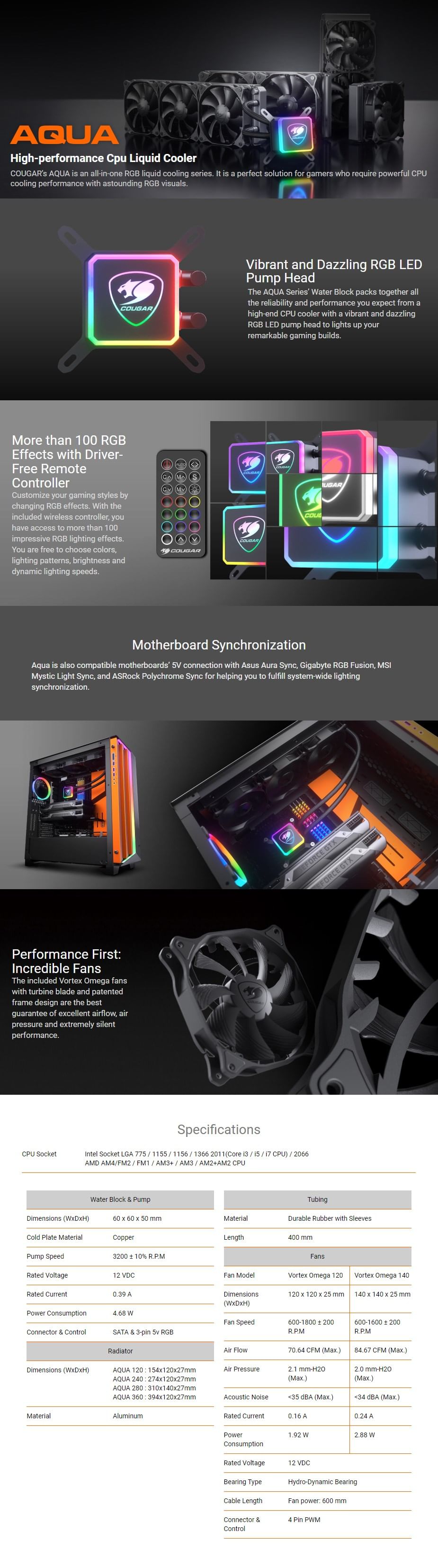 Cougar Aqua 120 RGB AIO Liquid CPU Cooler with Remote