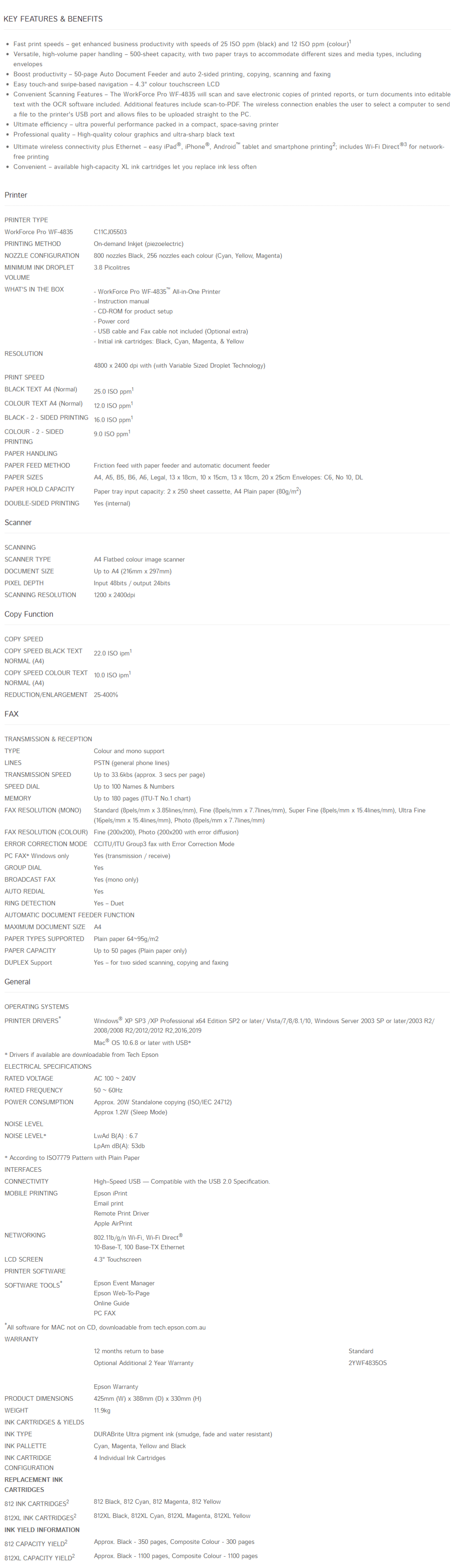 Epson WorkForce Pro WF-4835 Wireless Multi-Function Colour Inkjet ...