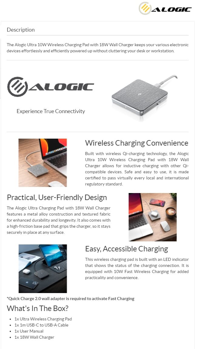 Alogic Ultra Wireless Charging Pad 10W Silver