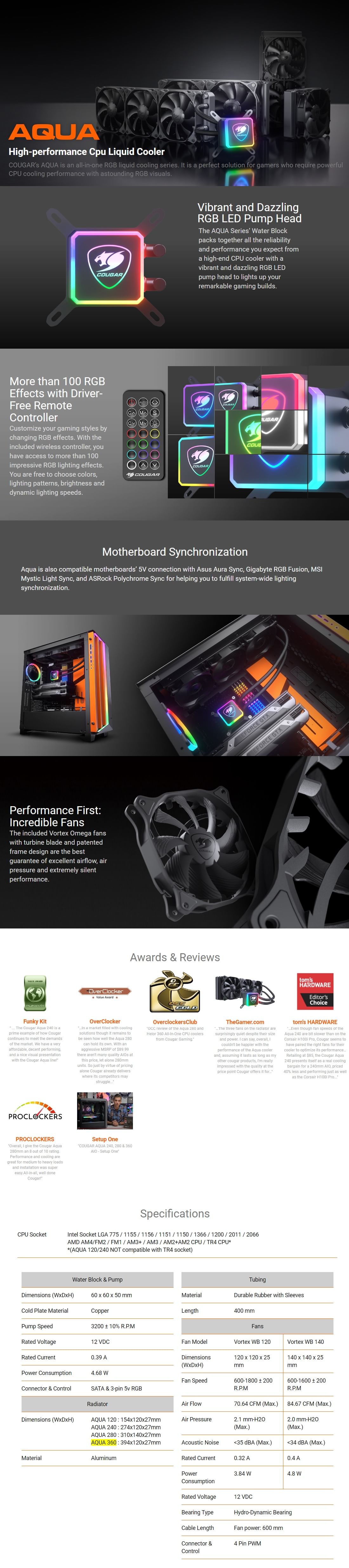 Cougar Aqua 360 RGB AIO High Performance Liquid CPU Cooler With Remote