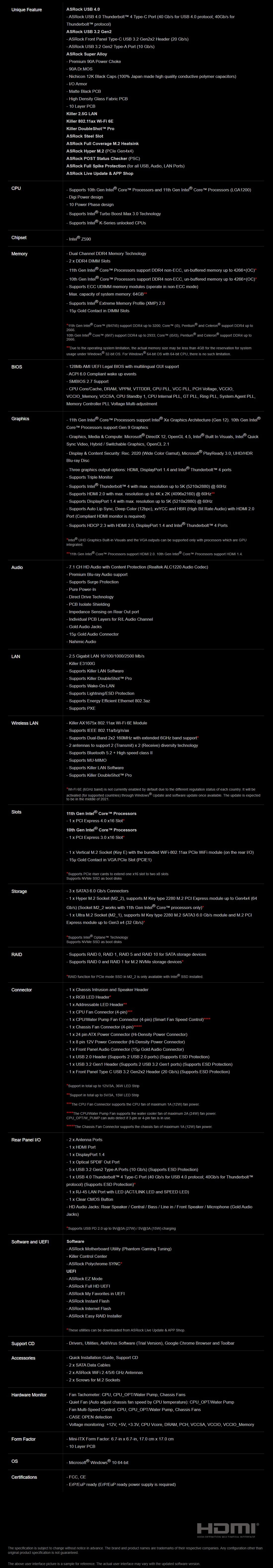 AsRock Z590 Phantom Gaming-ITX/TB4 LGA 1200 Mini-ITX Motherboard