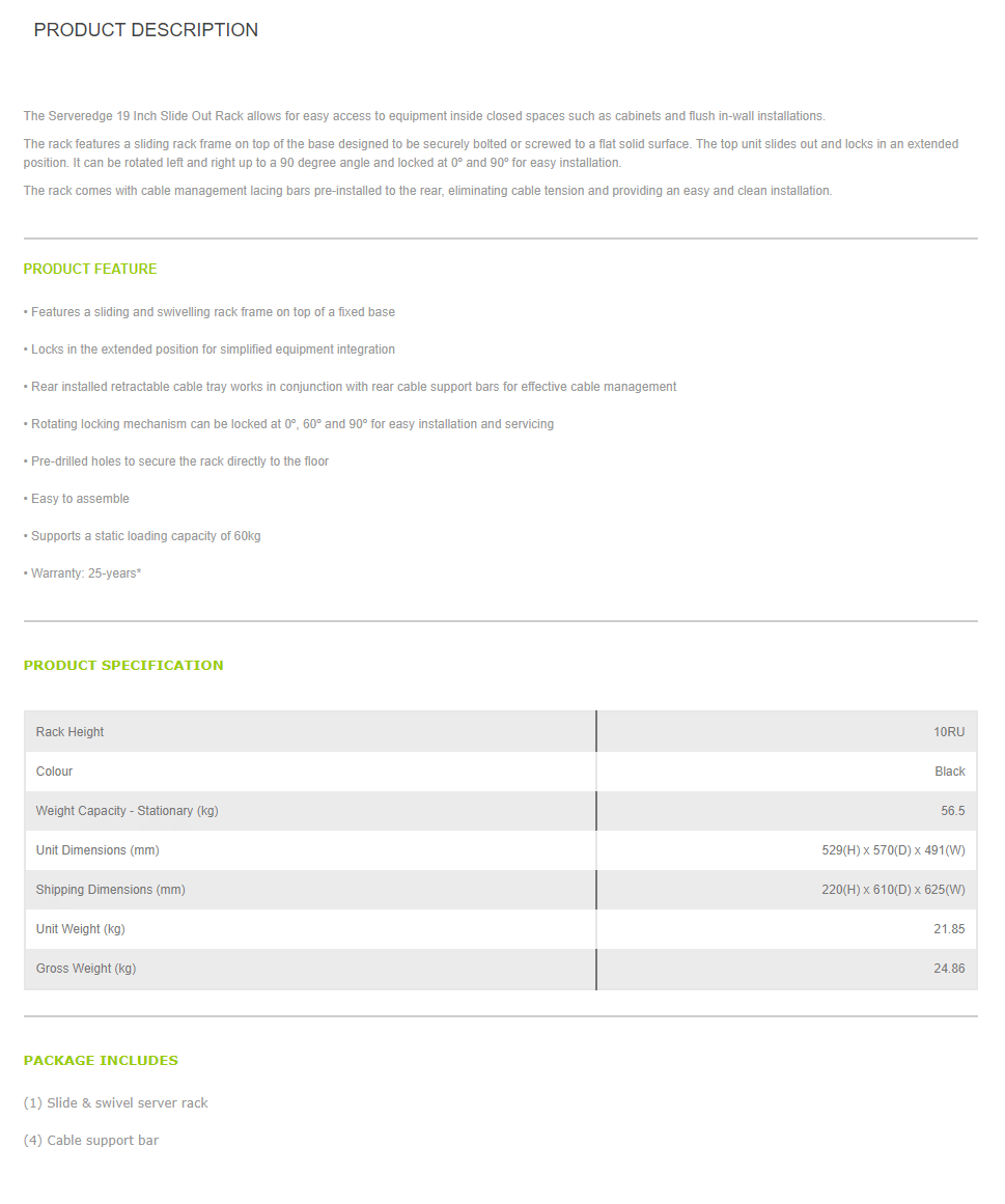 Serveredge 10RU Slide And Swivel Server Rack