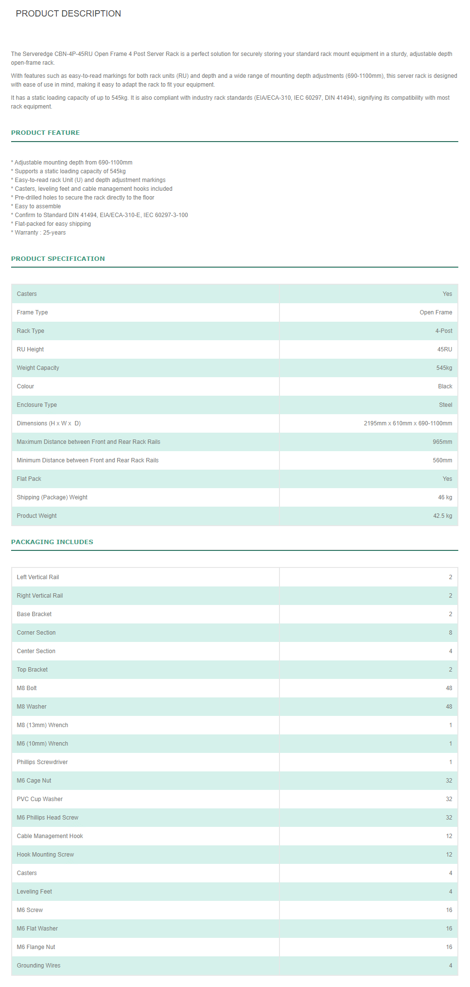 Serveredge 45RU 4 post Adjustable Server Rack with Castors