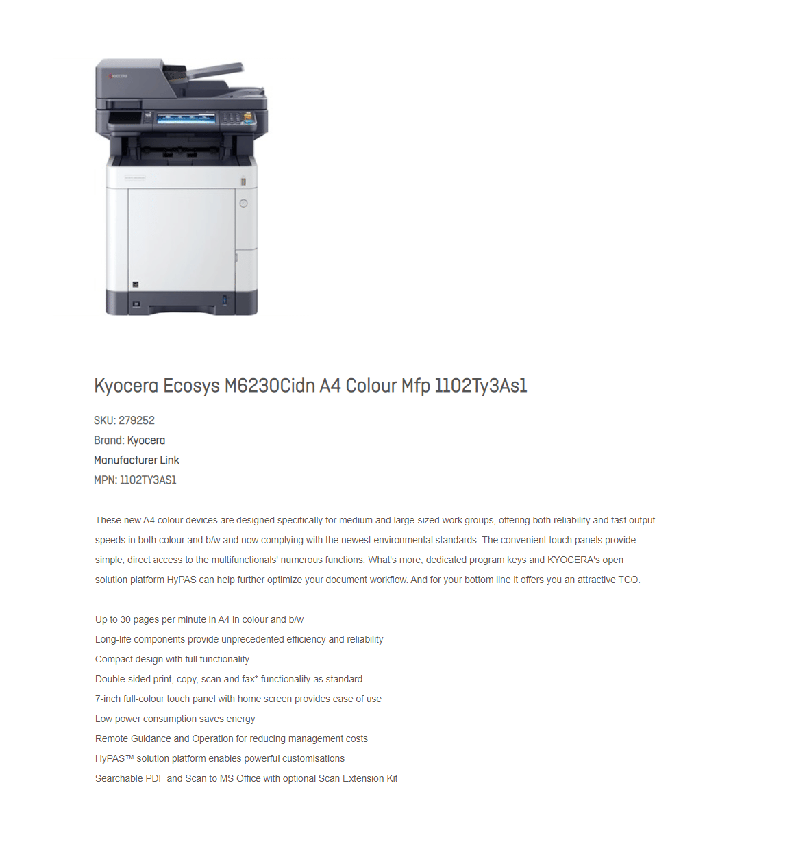 Kyocera 1102TY3AS1 ECOSYS M6230CIDN Multi-Function Colour Laser Printer ...