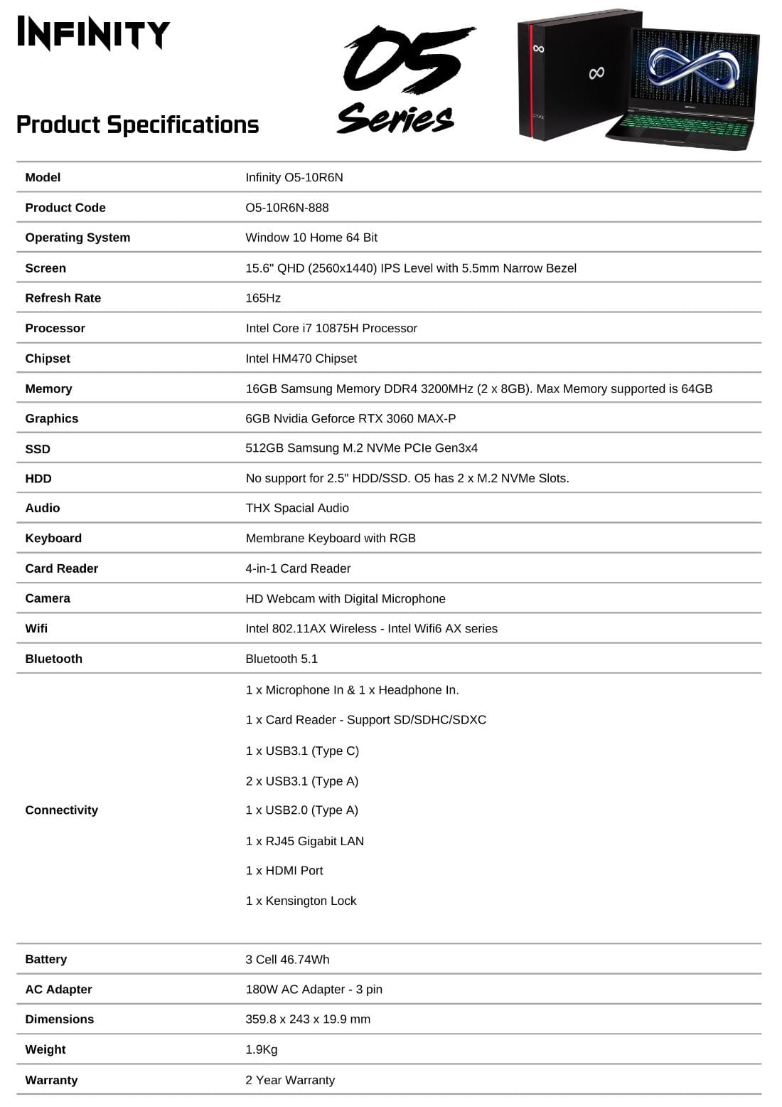Infinity O5-10R6N Gaming Laptop, 15.6" QUAD HD 165Hz, i7-10875H, 16GB ...