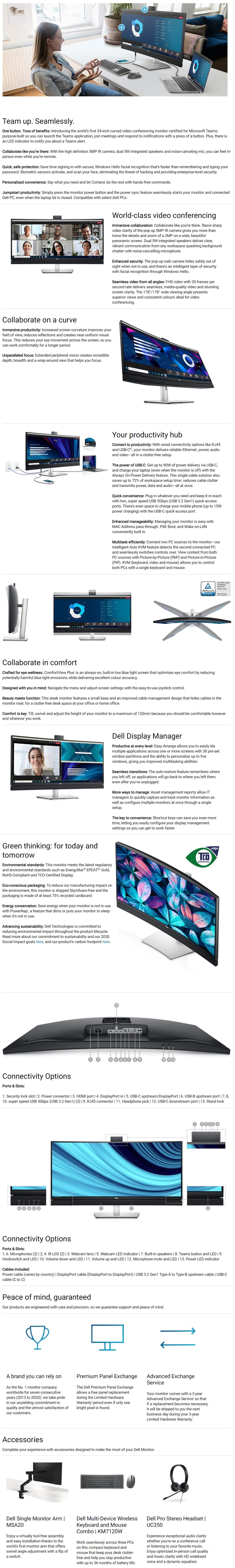 Dell C3422WE 34" WQHD IPS Curved USB-C Video Conferencing Monitor