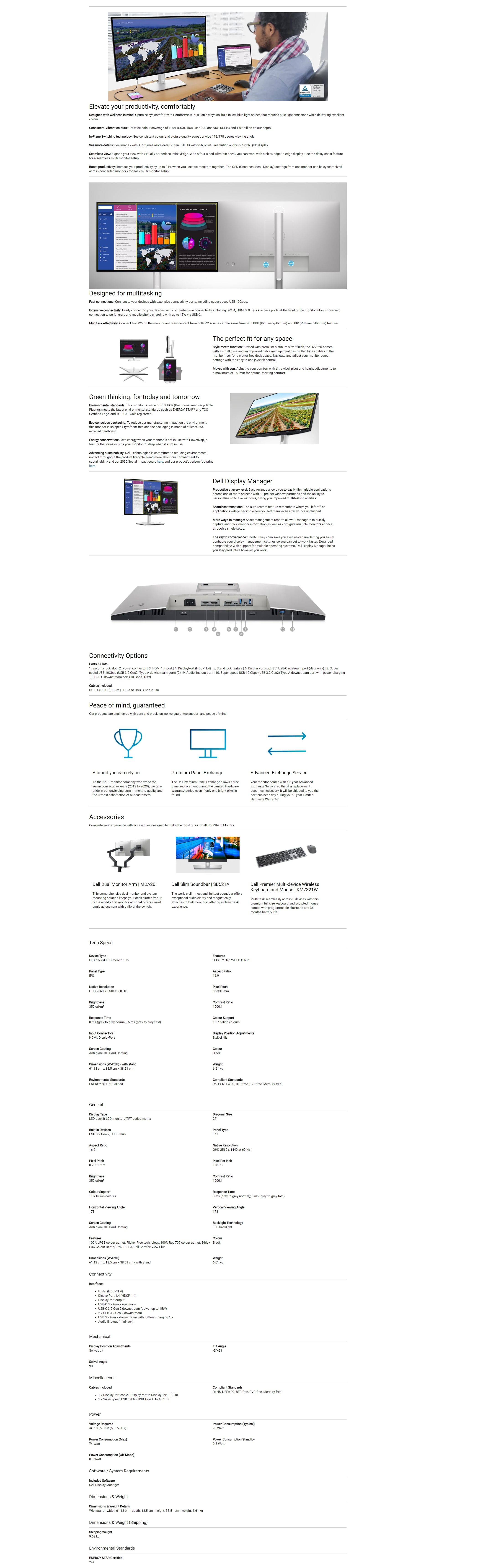 Dell UltraSharp U2722D 27" WQHD 95% DCI-P3 IPS Monitor USB-C & Height ...