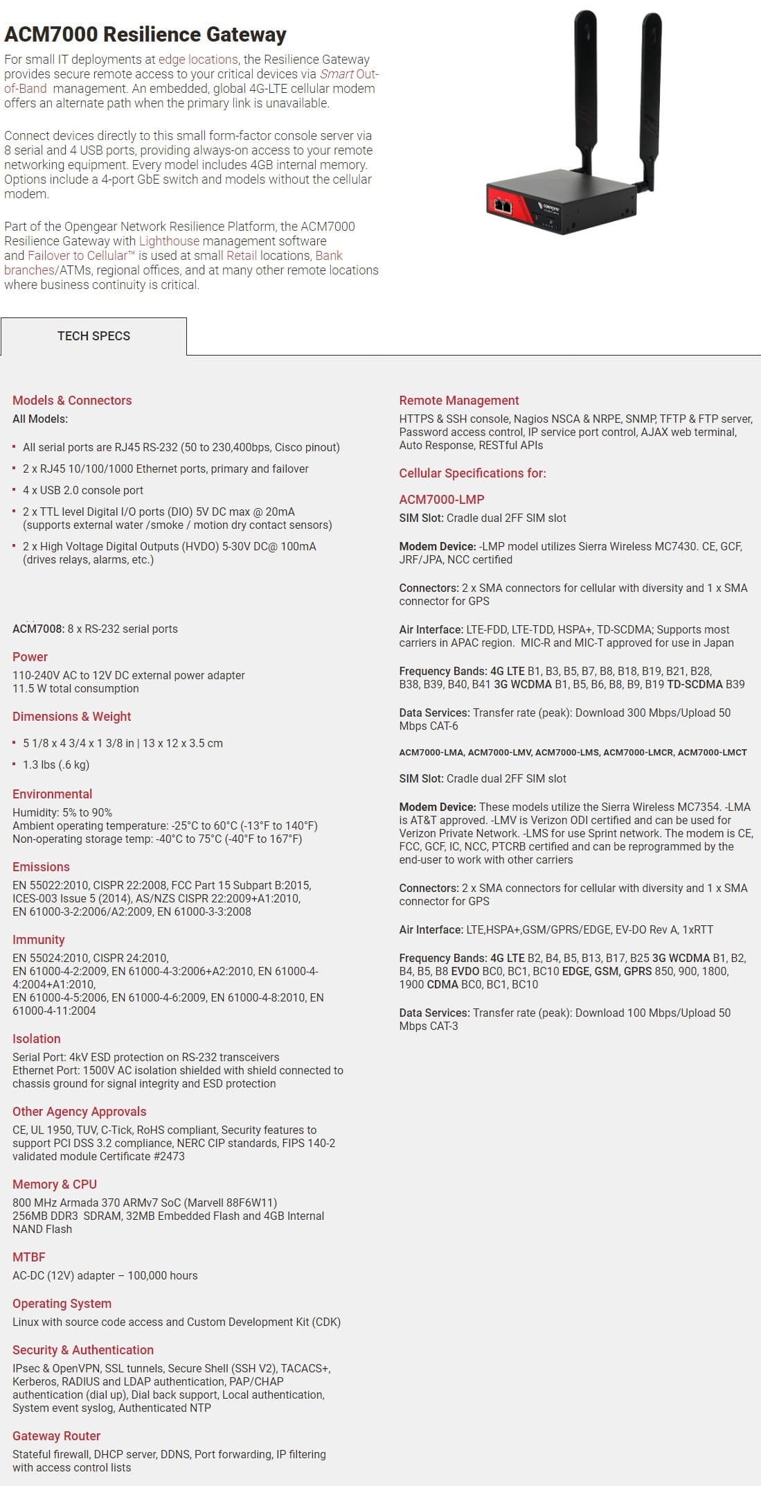 Opengear ACM7008 8-Serial Cisco Straight Pinout 4G Resilience Gateway