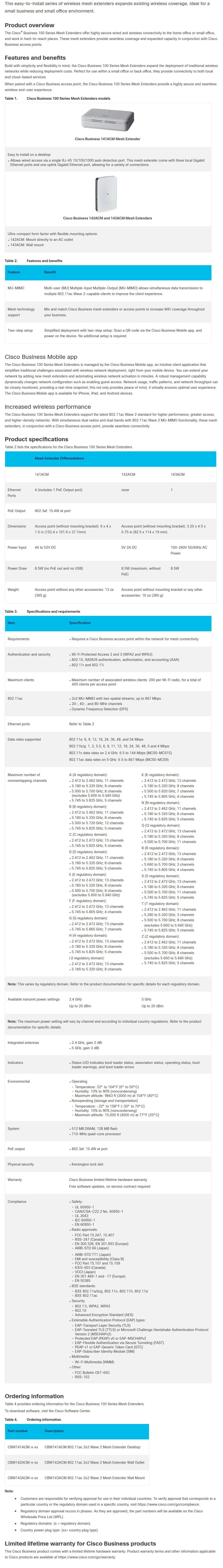 Cisco CBW141ACM 802.11AC 2x2 Wave 2 Mesh Extender Wall Mount