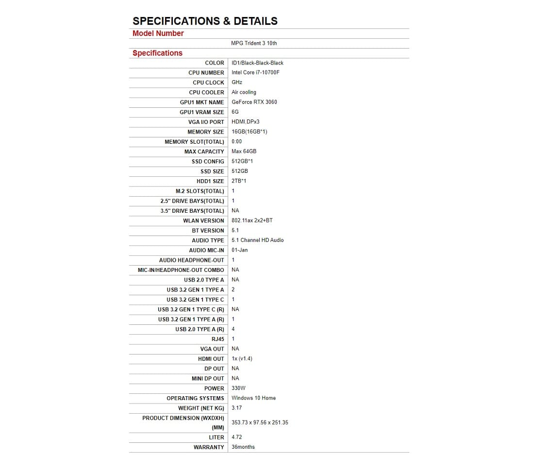 MSI Trident 3 i7-10700F, 16GB RAM, GeForce RTX 3060, 512G SSD +2TB HDD ...