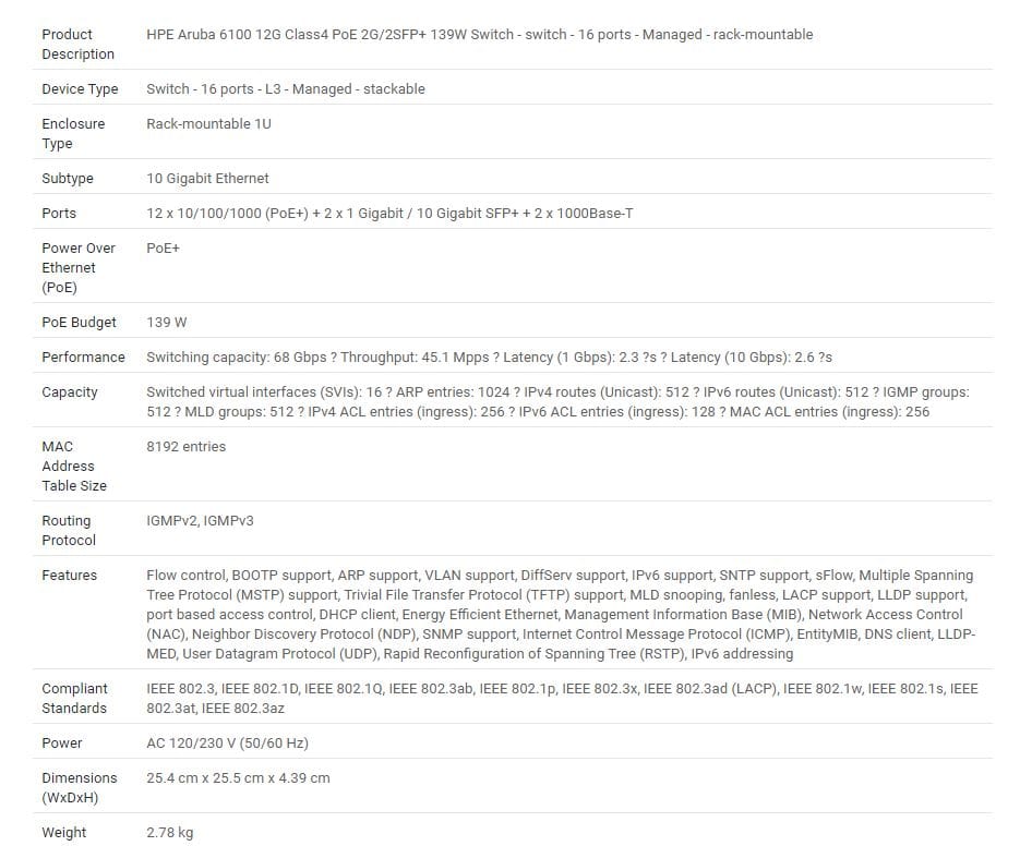 HPE Aruba 6100 12G Class4 PoE 2G/2SFP+ 139W Switch