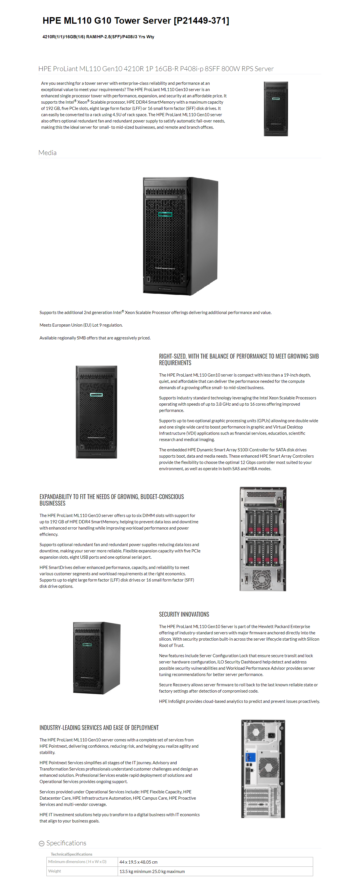 HPE ML110 Gen10 Xeon Scalable 4210R, 16GB SFF Server