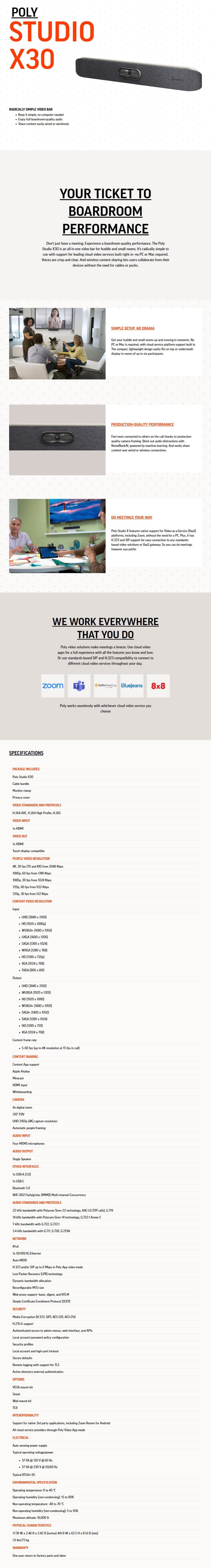 Polycom Studio X30 All-In-One 4K Video Conference Video Bar