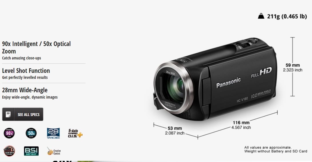 Panasonic HC-V180 Black 50x Full HD Camcorders