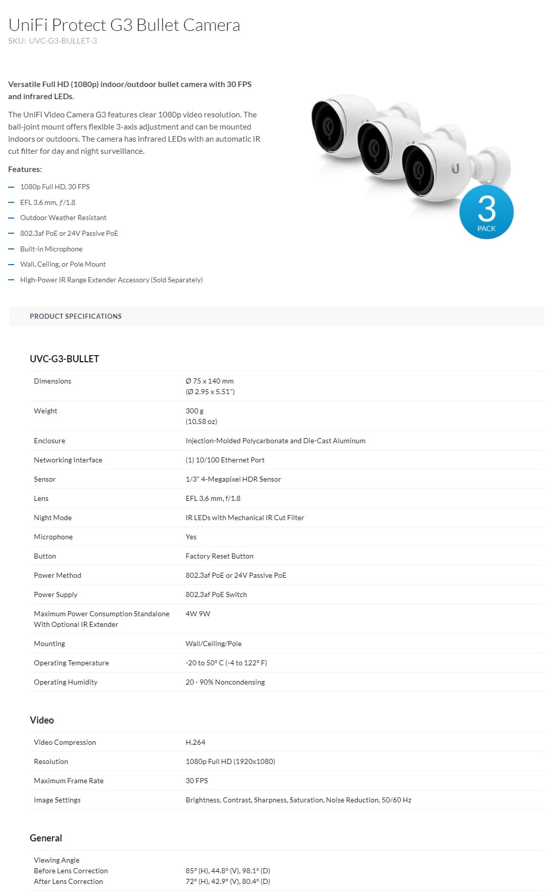 Ubiquiti Networks UniFi Protect G3 Bullet Surveillance 1080p FHD Camera ...