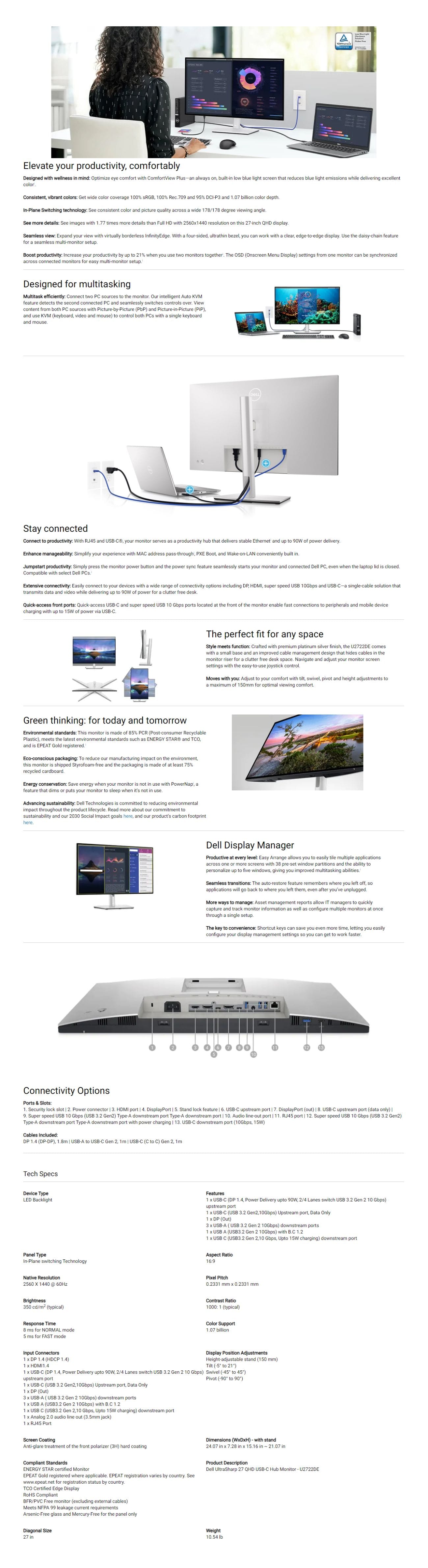 Dell U2722DE UltraSharp 27" QHD USB-C IPS Height Adjustable Monitor