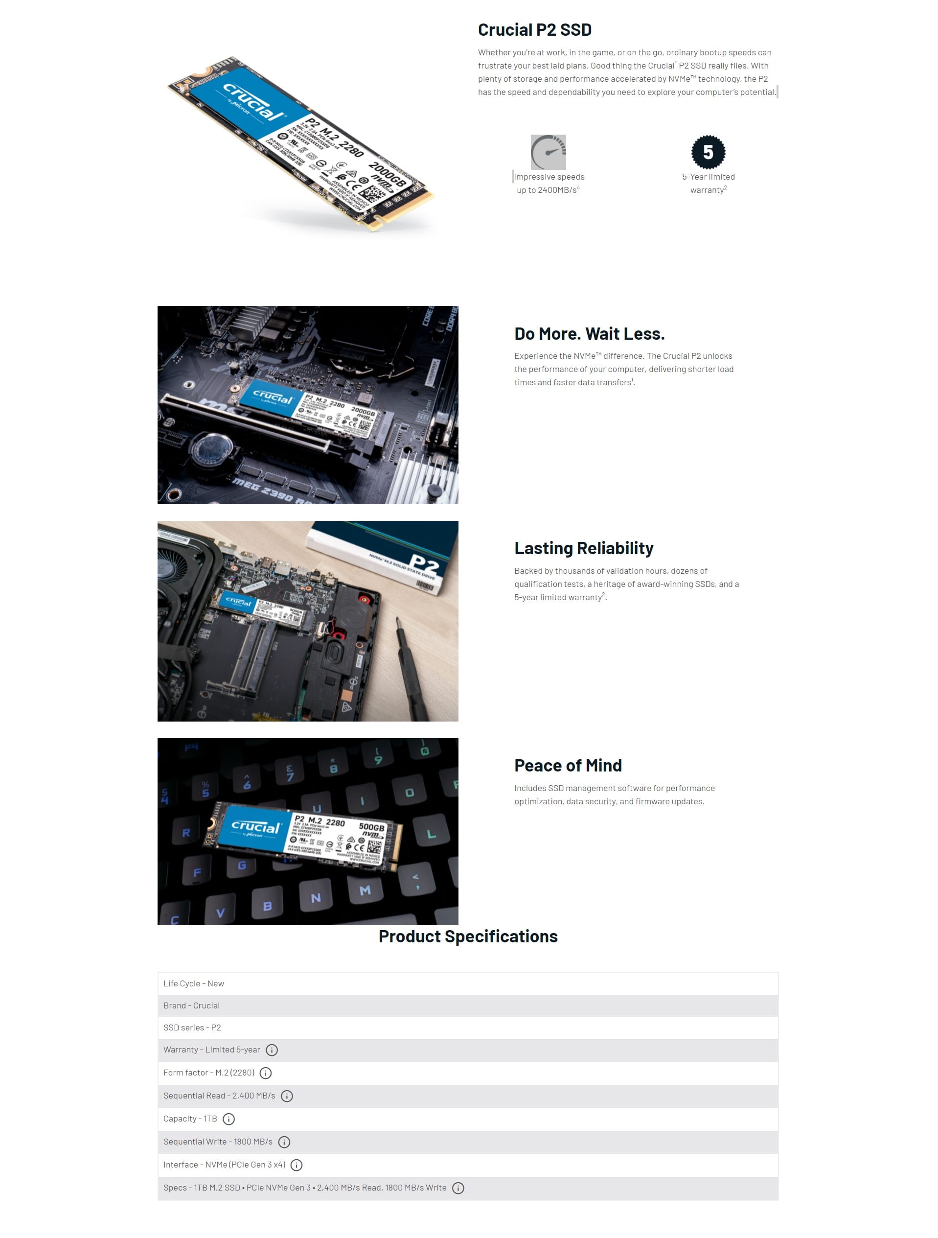 Crucial P2 1TB M.2 PCIe NVMe Gen3 SSD