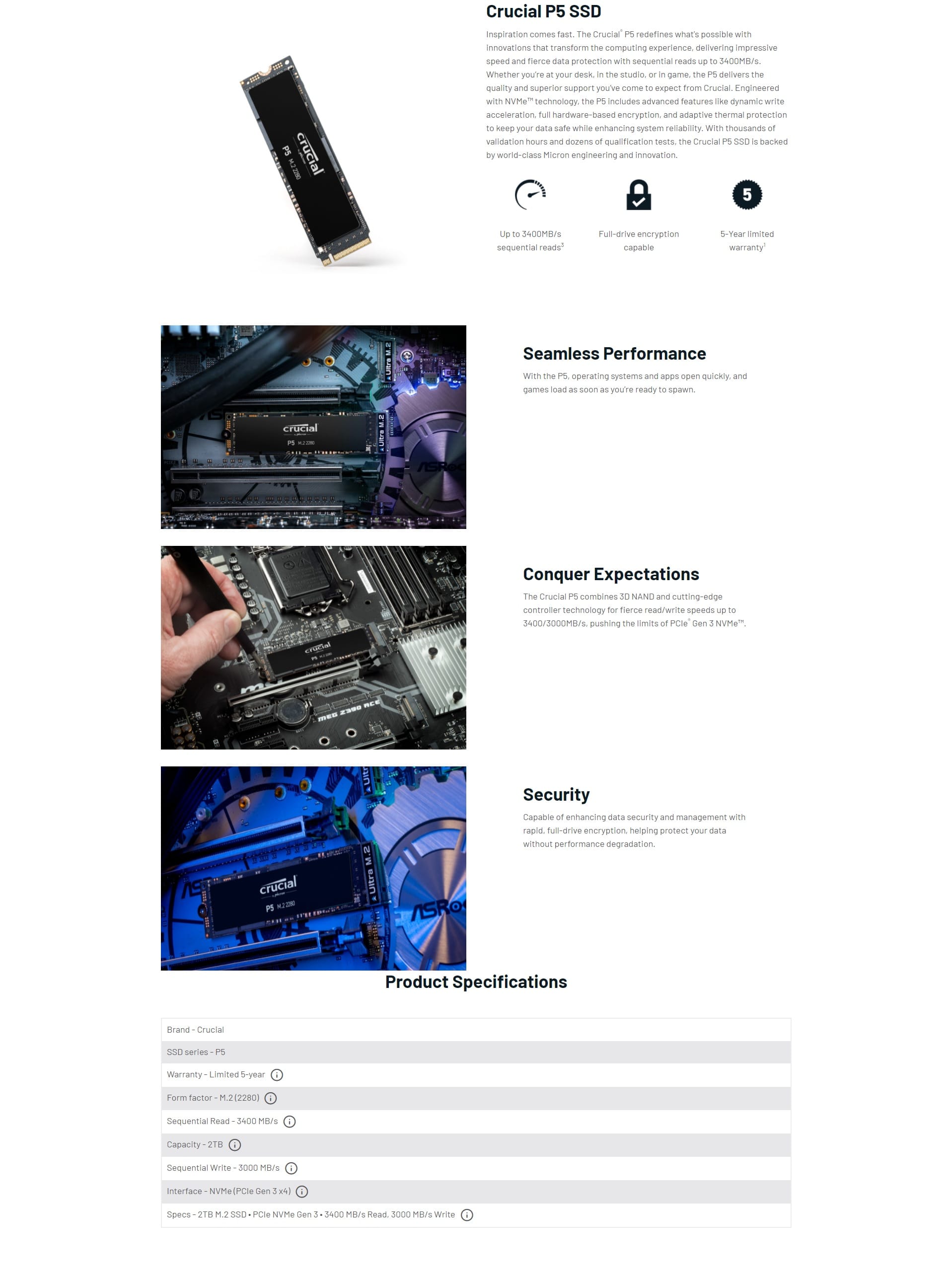 Crucial P5 M.2 2TB PCIe NVMe Gen3 SSD