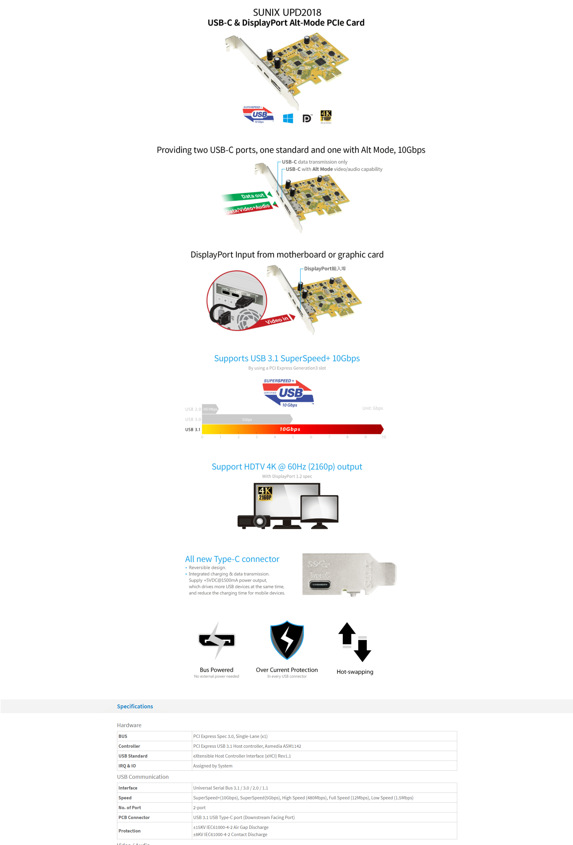 Sunix USB 3.1 10G And DisplayPort Alt-Mode PCIe Host Card