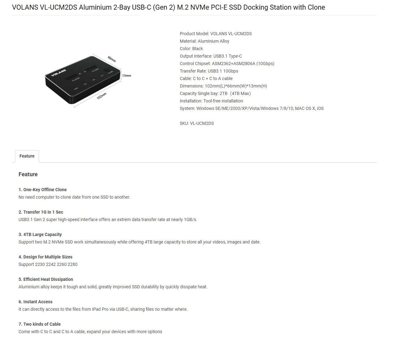Volans Aluminium 2-Bay USB-C (Gen 2) M.2 NVMe PCl-e SSD Docking Station ...