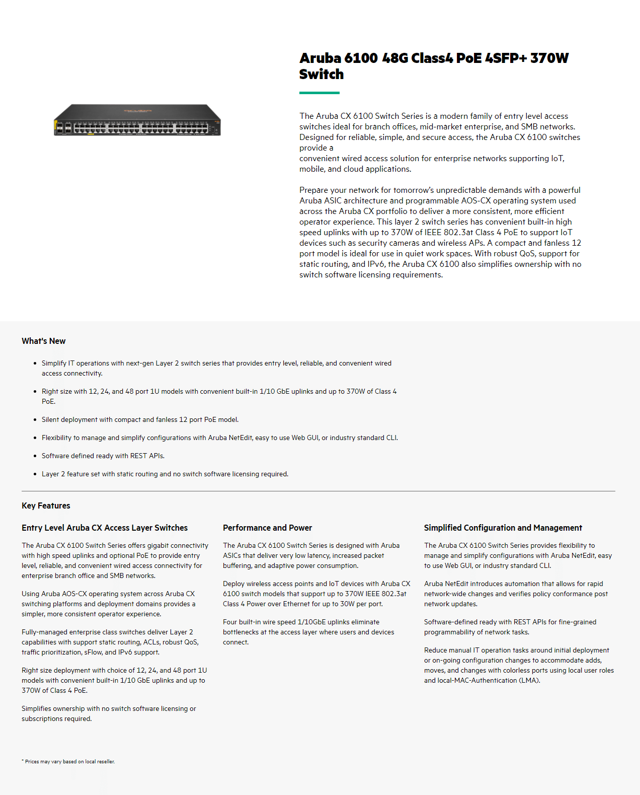 HPE Aruba 6100 48-Port Class4 PoE 4SFP+ 370W Gigabit Switch