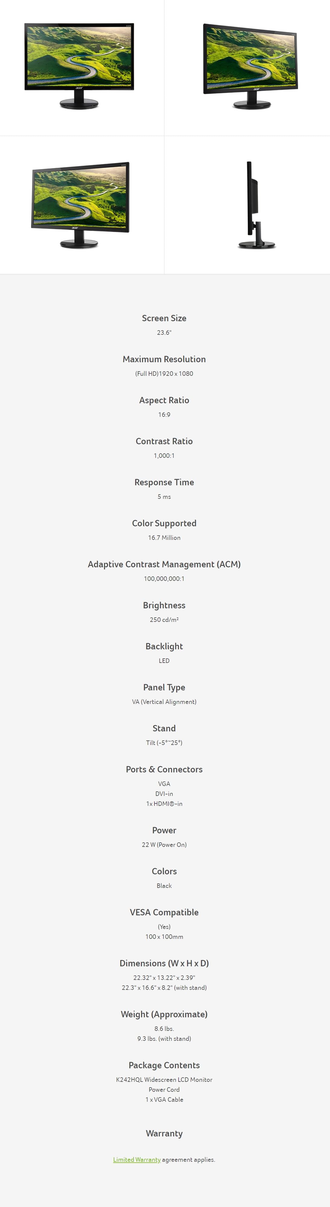 Acer K242HQL 23.6" Full HD Widescreen Monitor