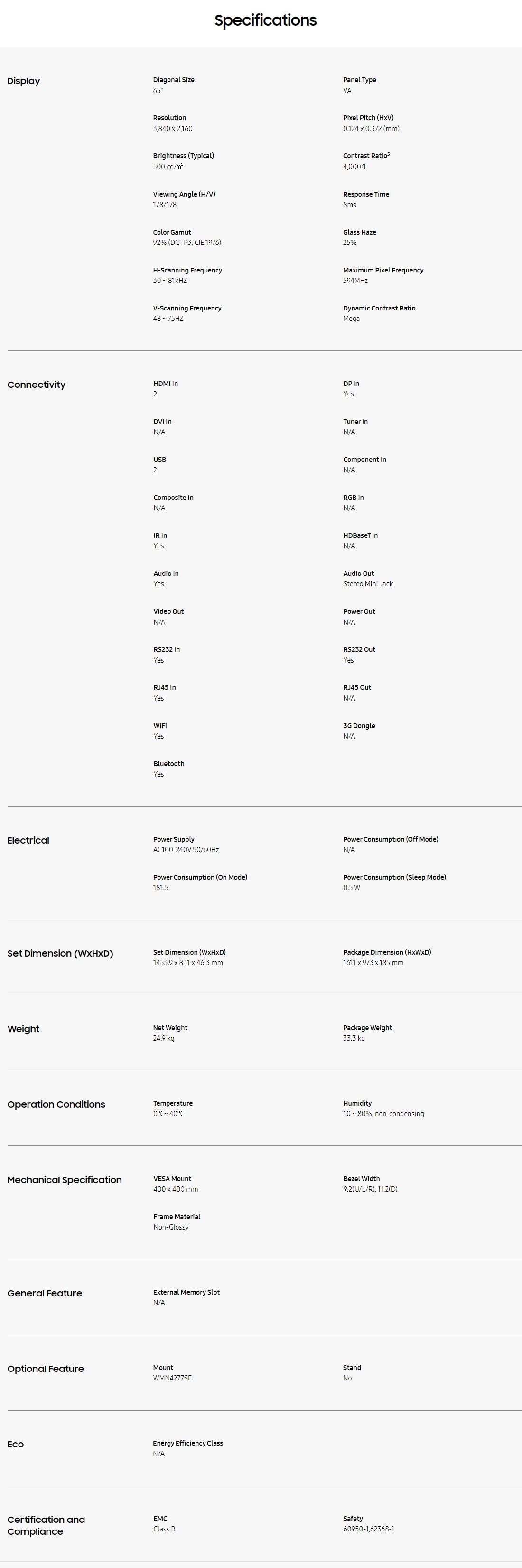 Samsung QM65R-A 65" Crystal UHD 4K 24/7 Commercial Signage Display