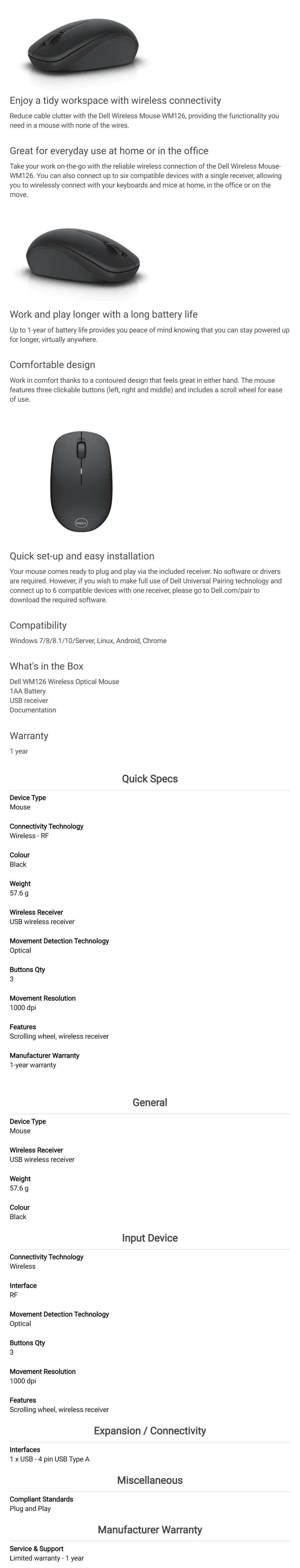 Dell WM126 Optical Wireless Mouse - Black