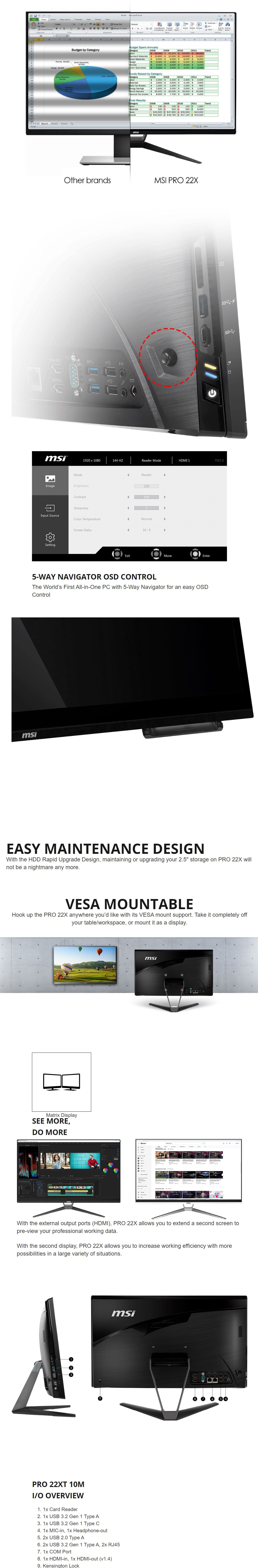 MSI Pro 22XT 10M 21.5" FHD Touchscreen All-In-One PC, i5-10400, 8GB RAM ...