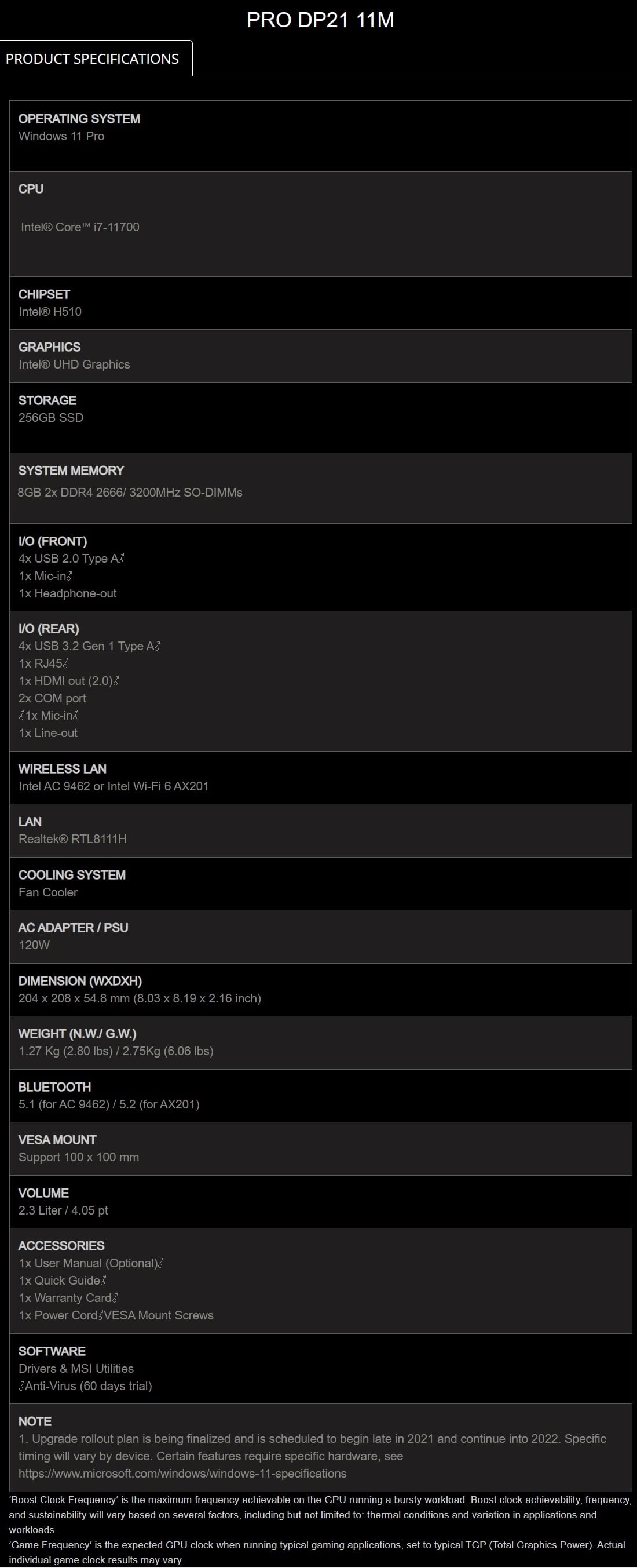 MSI PRO DP21 11M Desktop PC, i7-11700, 8GB RAM, 256GB SSD, Windows 11 Pro