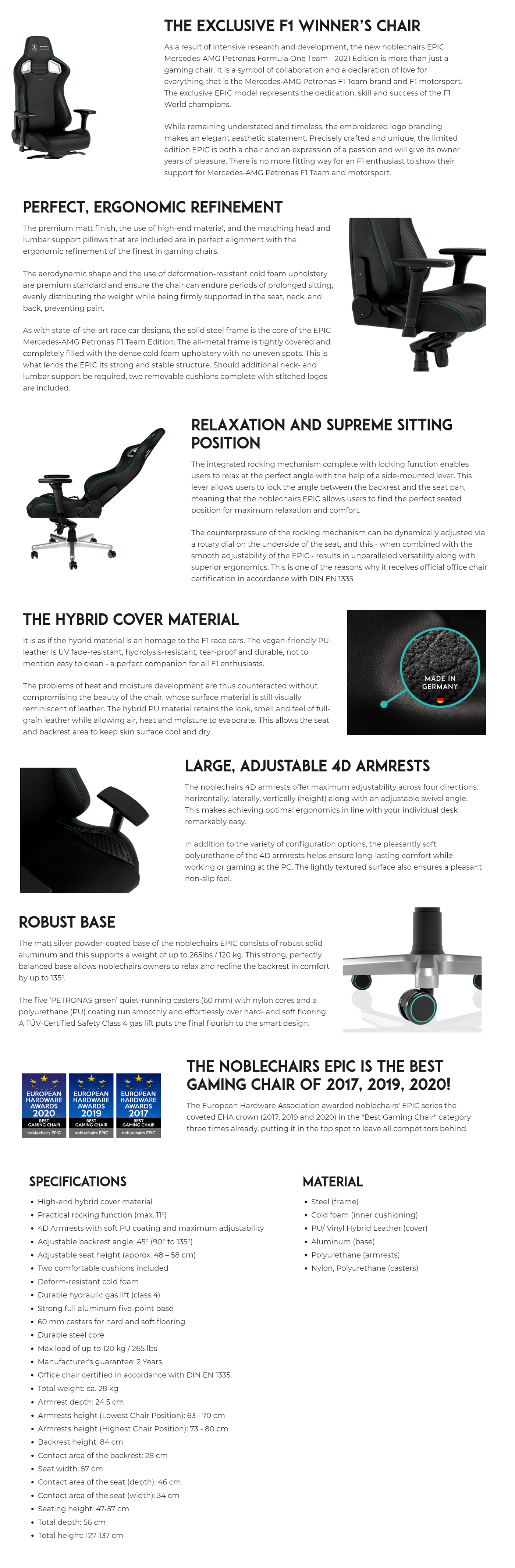 Noblechairs EPIC Mercedes AMG Petronas F1 Team PU Leather Gaming Chair