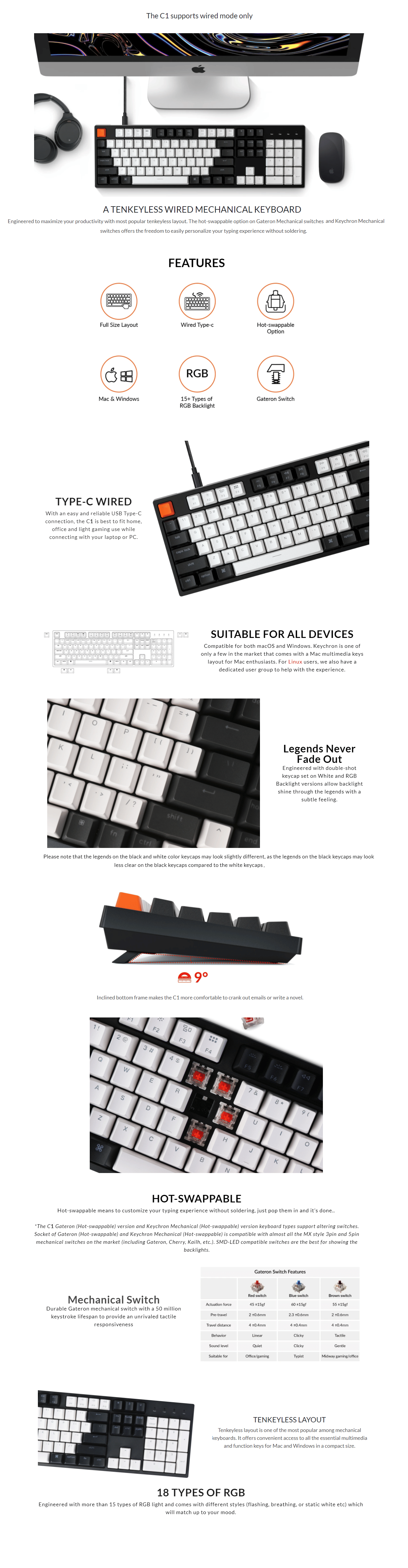 Keychron C1 TKL USB Keyboard Hot-Swappable RGB Backlit Mechanical ...